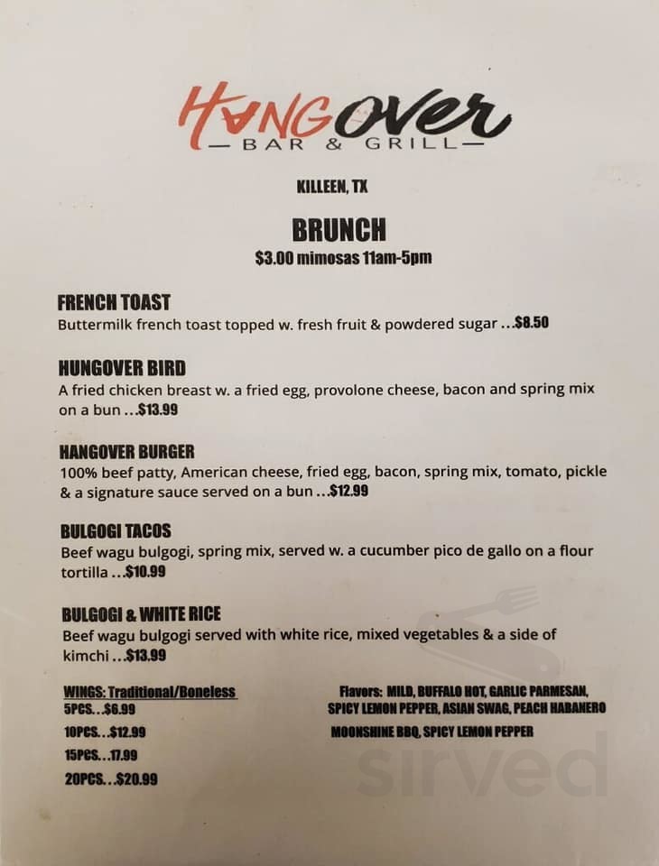 Hangover Bar & Grill menu in Killeen, Texas, USA