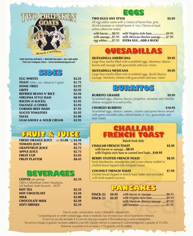 Menu for Two Drunken Goats in Riviera Beach, FL | Sirved