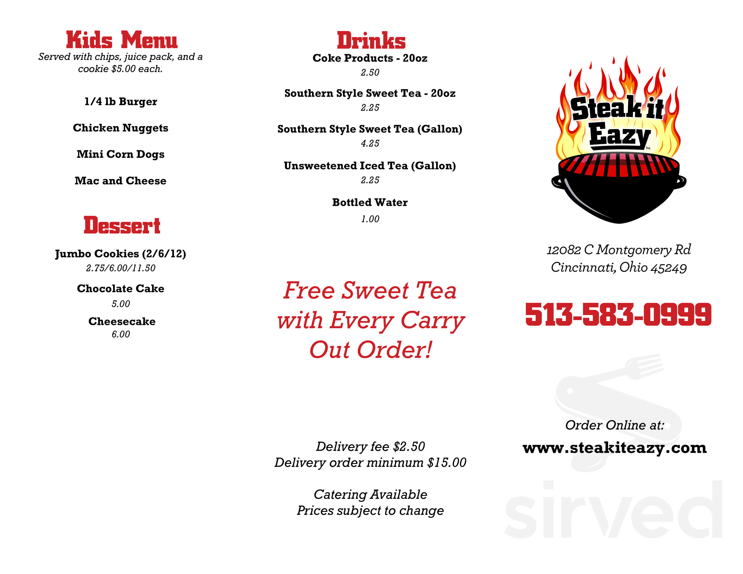 Menu for Steak It Eazy in Cincinnati, OH | Sirved