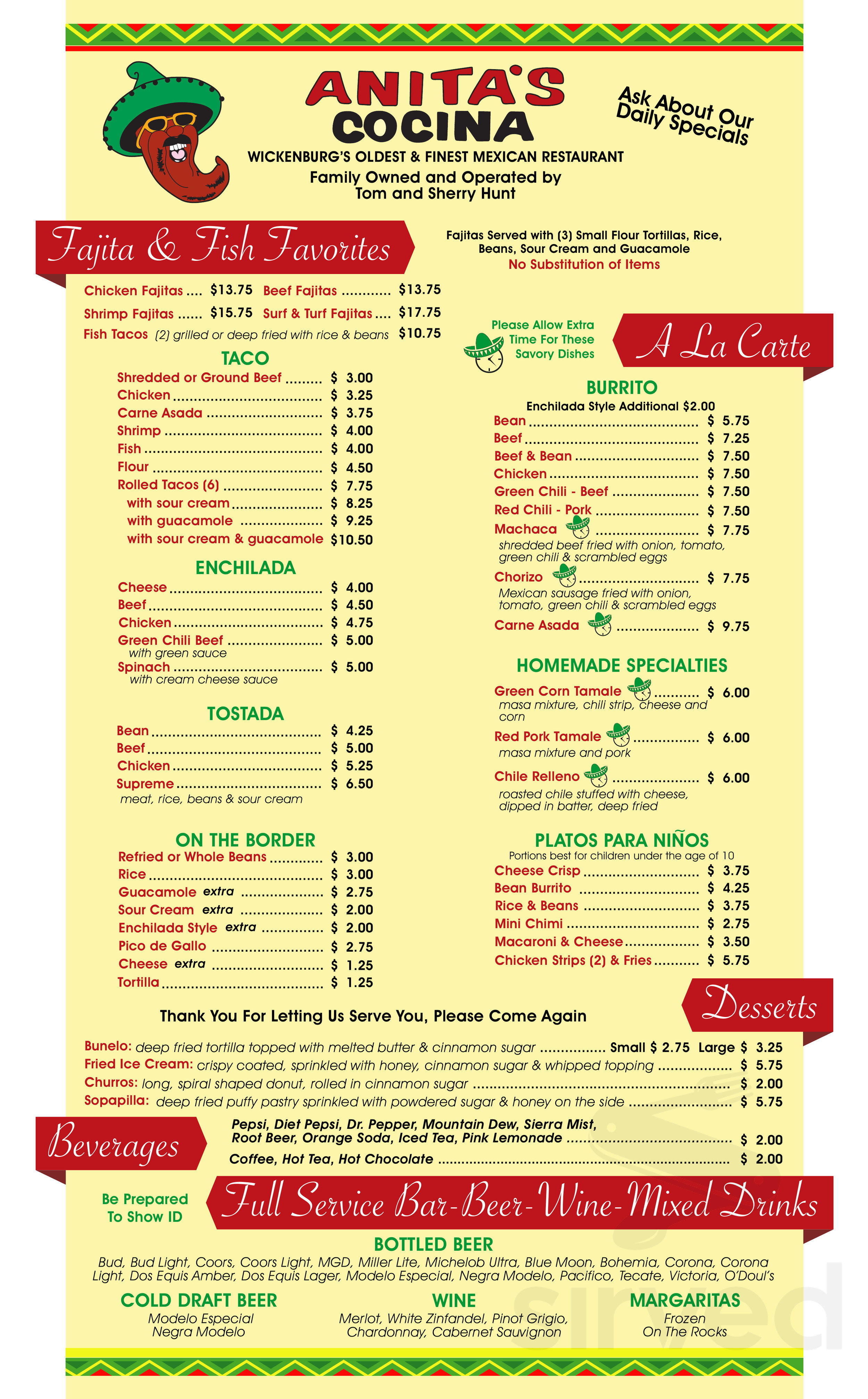 Menu for Anita's Cocina in Wickenburg, AZ | Sirved