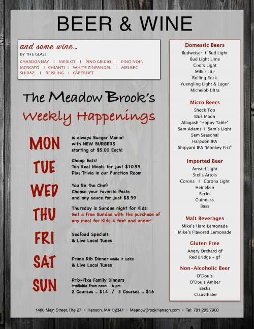 The Meadow Brook Restaurant & Functions menu in Hanson, Massachusetts, USA