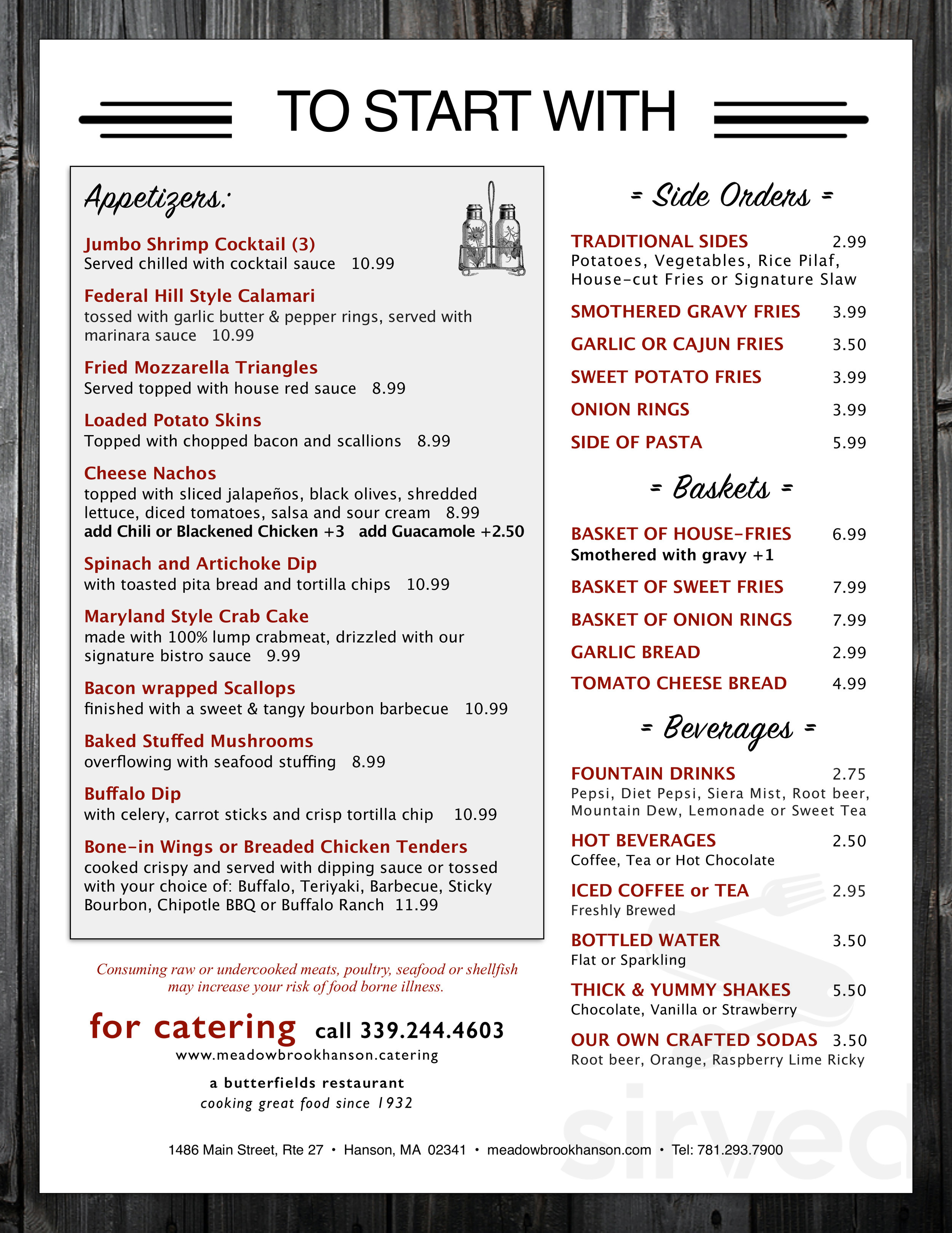 The Meadow Brook Restaurant & Functions menu in Hanson, Massachusetts, USA