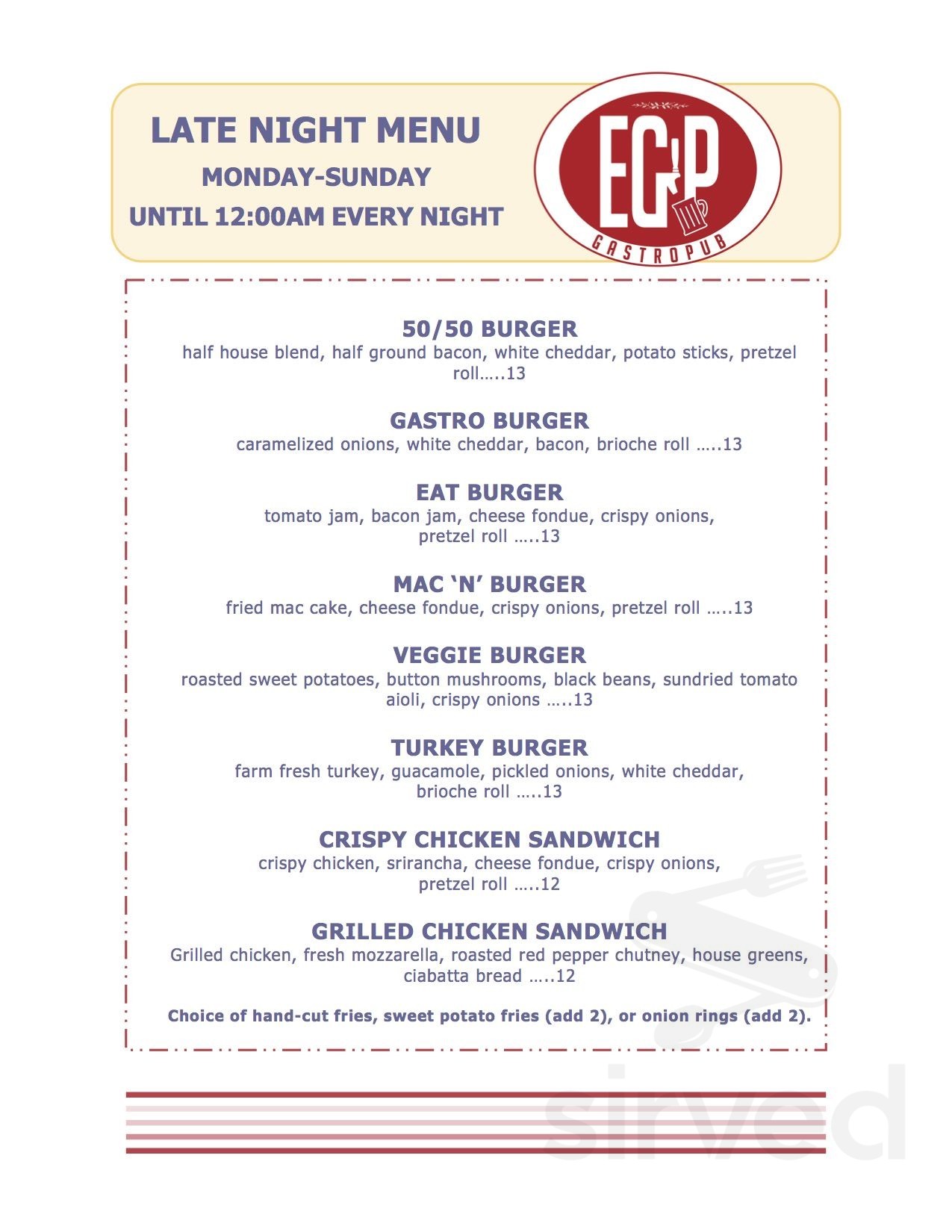 EGP menu in Oceanside, New York, USA