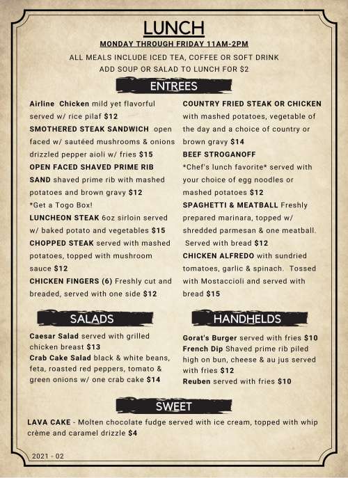 Gorat's Steakhouse menu in Omaha, Nebraska, USA