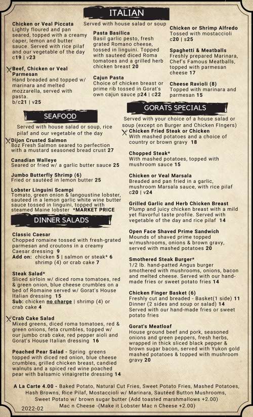 Gorat's Steakhouse menu in Omaha, Nebraska, USA