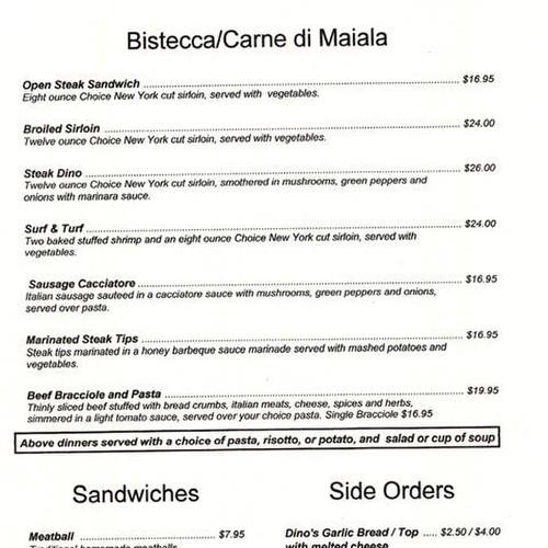 Dino's Restaurant menu in Worcester, Massachusetts, USA