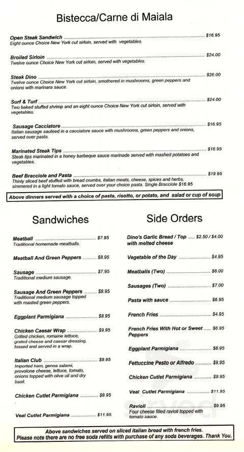 Dino's Restaurant menu in Worcester, Massachusetts, USA