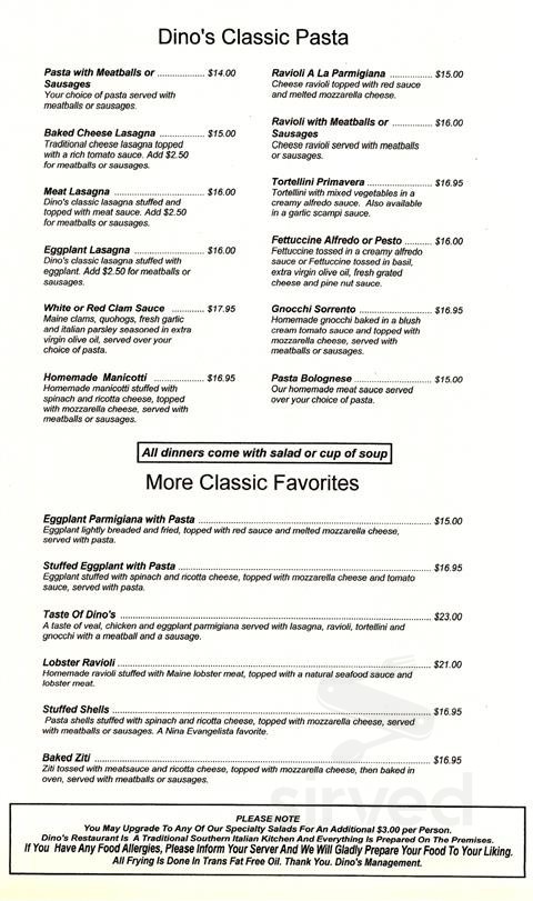 Dino's Restaurant menu in Worcester, Massachusetts, USA