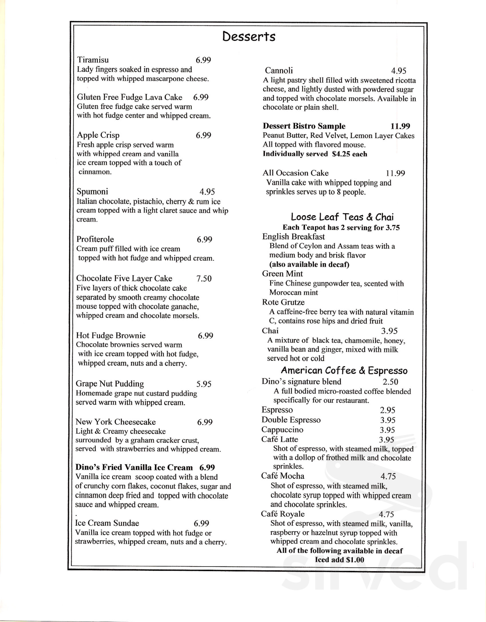 Dino's Restaurant menu in Worcester, Massachusetts, USA
