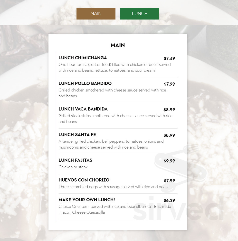 Menu - Florence KY's Torres Mexican Steakhouse | Sirved