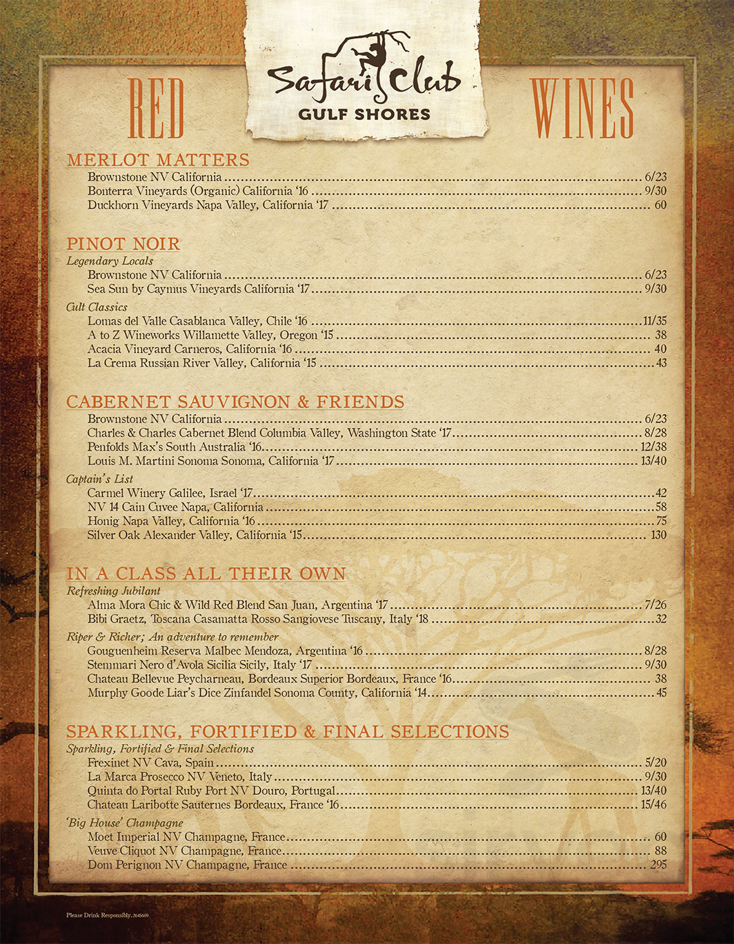 Safari Club Restaurant menu in Gulf Shores, Alabama, USA