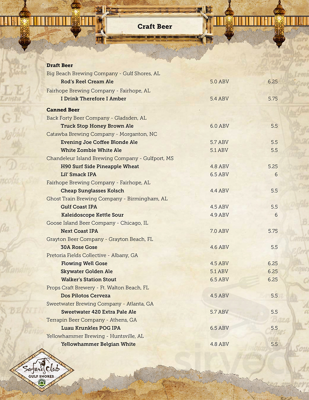Menu - Gulf Shores AL's Safari Club Restaurant | Sirved
