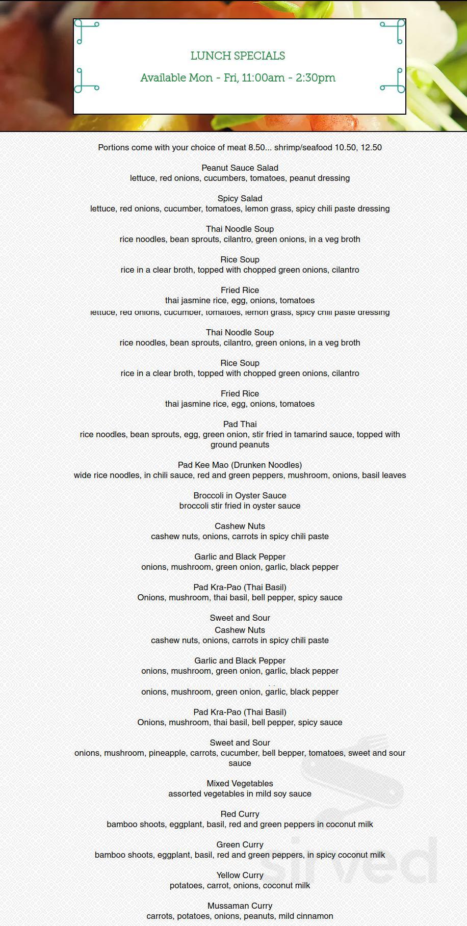 A Taste of Thai menu in Hailey, Idaho, USA