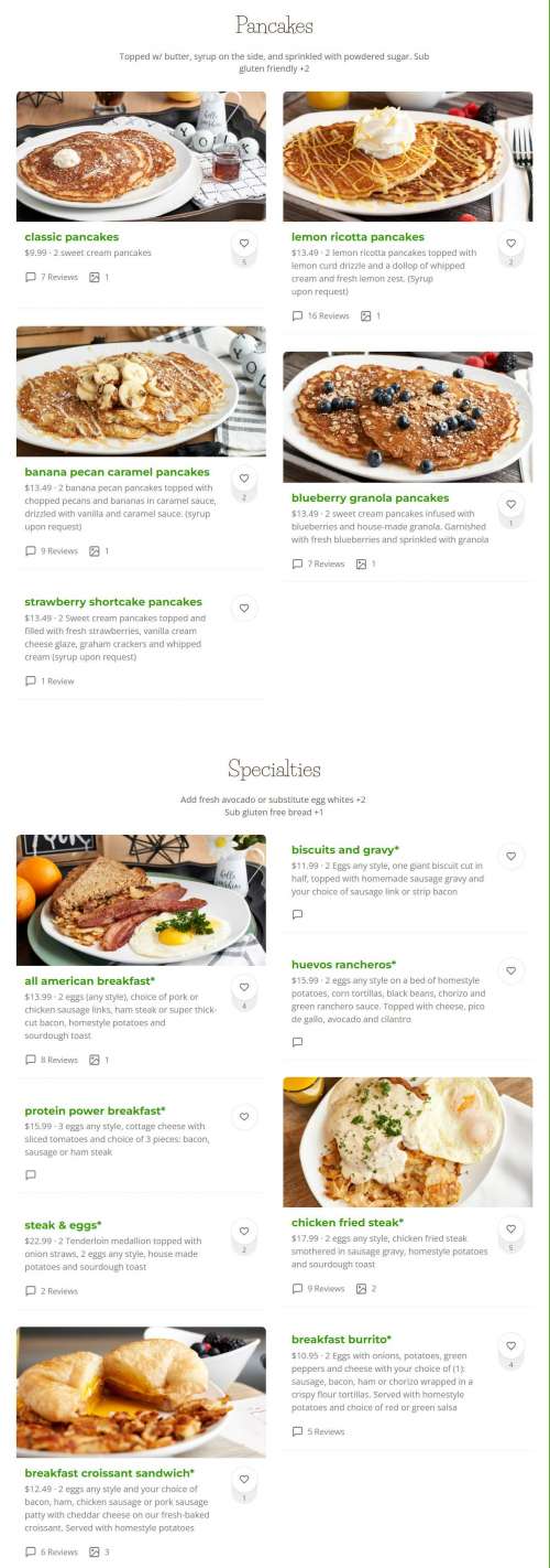 Sunshine Breakfast Bar menu in Phoenix, Arizona, USA