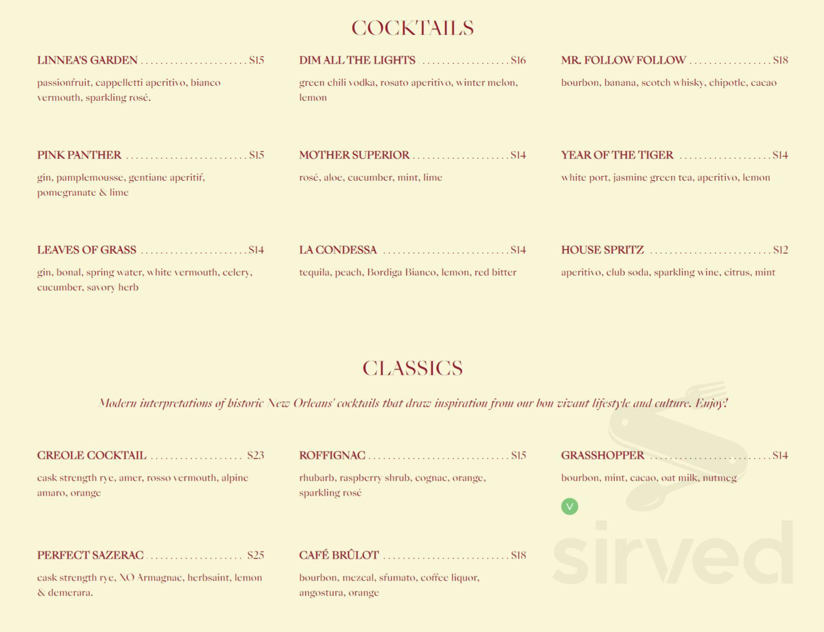 The Elysian Bar menu in New Orleans, Louisiana, USA