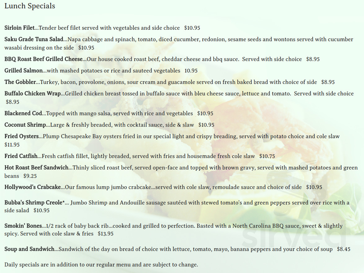 Menu for Hollywood's Restaurant & Bakery in Roanoke, VA | Sirved