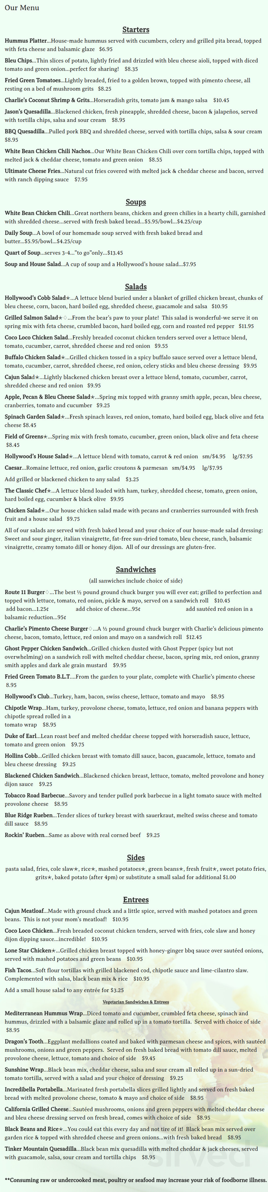 Menu for Hollywood's Restaurant & Bakery in Roanoke, VA | Sirved