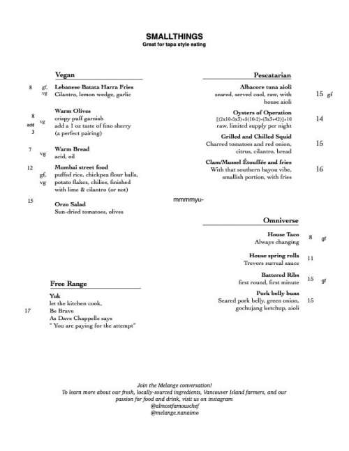 melange restaurant menu in Nanaimo, British Columbia, Canada