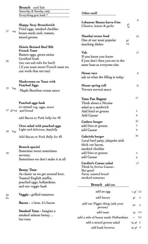 melange restaurant menu in Nanaimo, British Columbia, Canada