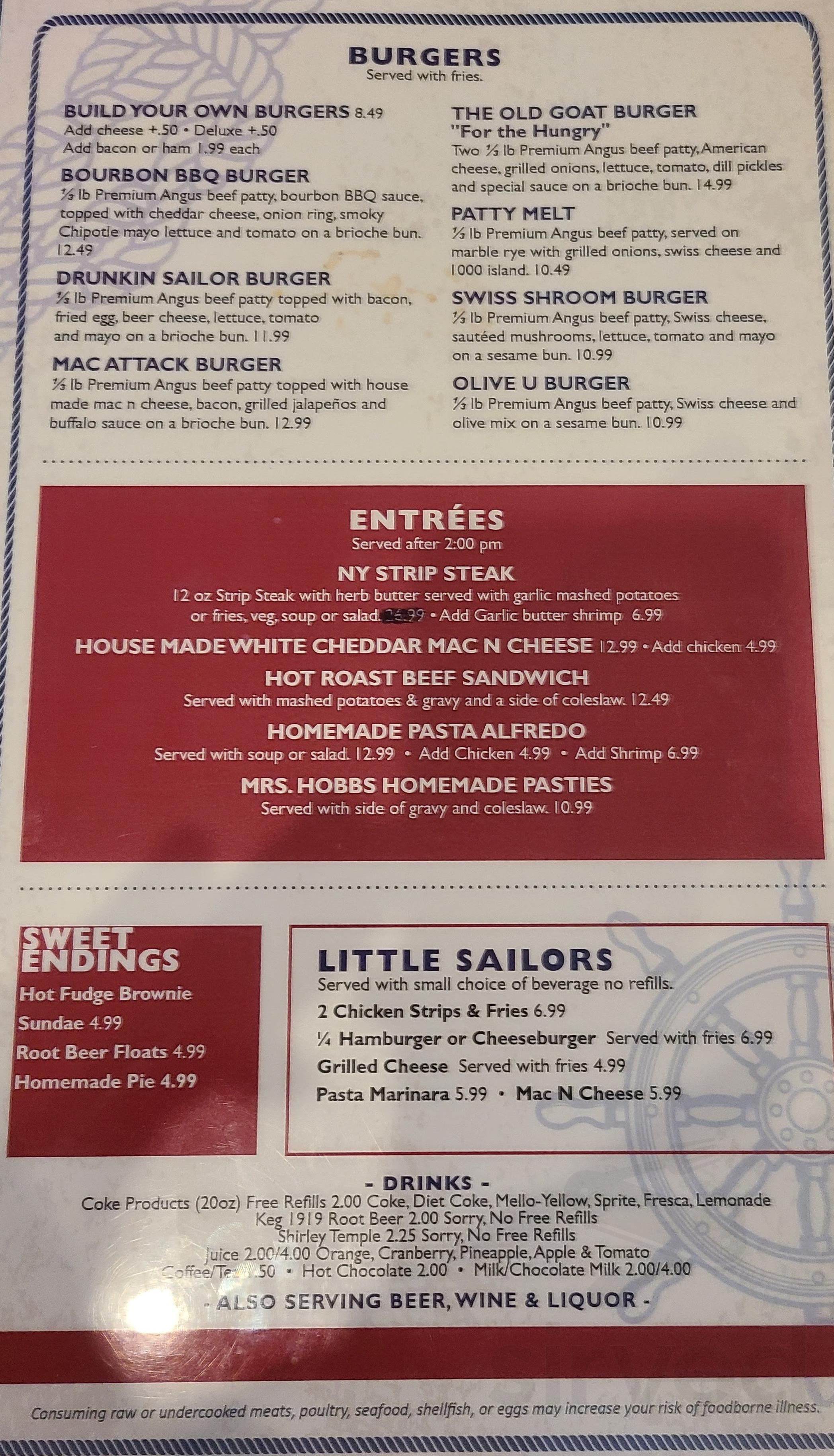 Wheelhouse Diner & Goatlocker Saloon menu in Paradise, Michigan, USA