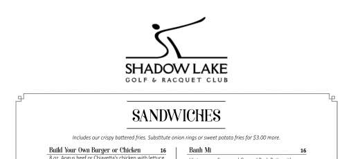 Menu for Shadow Lake Golf and Restaurant in Penfield, NY | Sirved