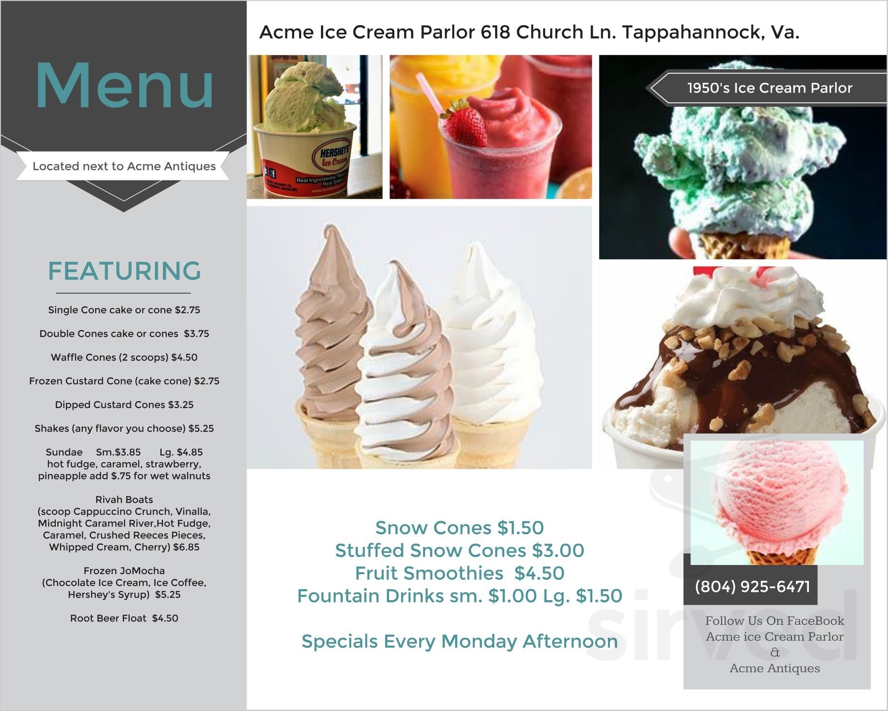ACME Ice Cream Parlor menu in Tappahannock, Virginia, USA