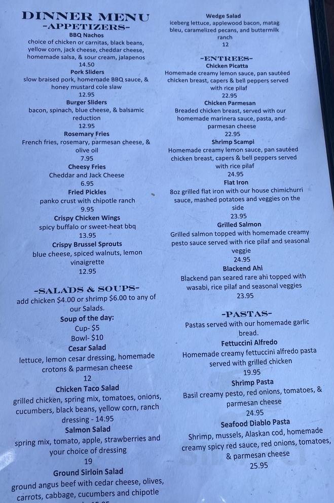 Cambria Pub and Steakhouse menu in Cambria, California, USA