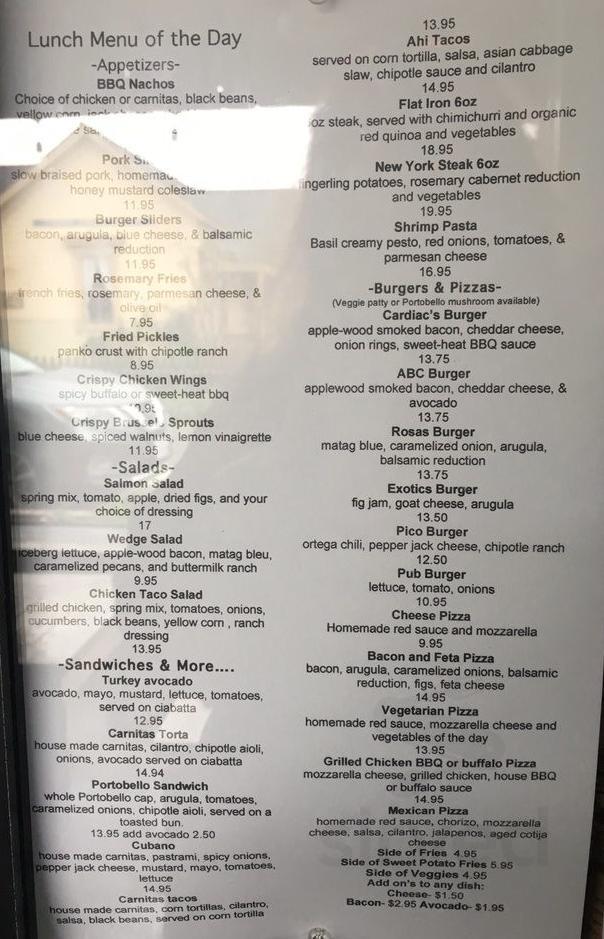 Cambria Pub and Steakhouse menu in Cambria, California, USA