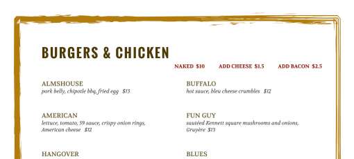 Menu for 59 Almshouse in Richboro, PA | Sirved