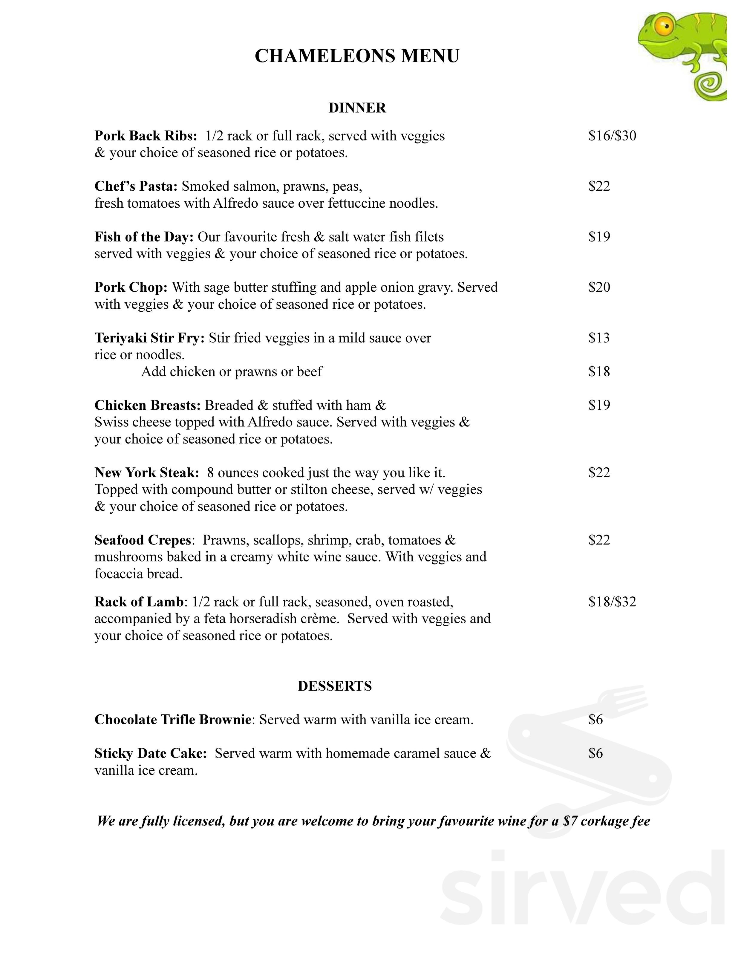 Chameleons menu in Parksville, British Columbia, Canada