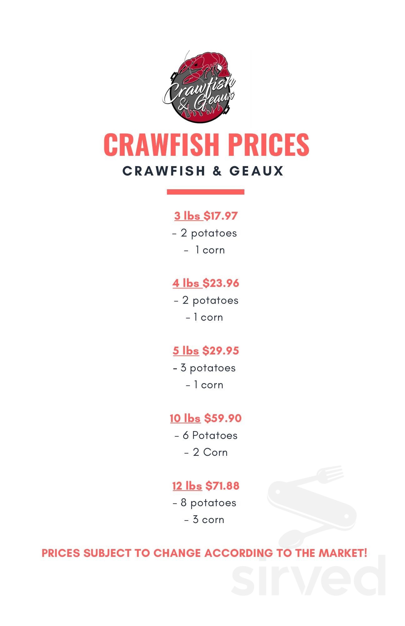 Crawfish & Geaux menu in New Iberia, Louisiana, USA