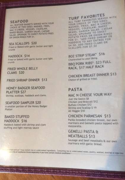 Honey Badger Bar & Grill menu in Oxford, Maine, USA