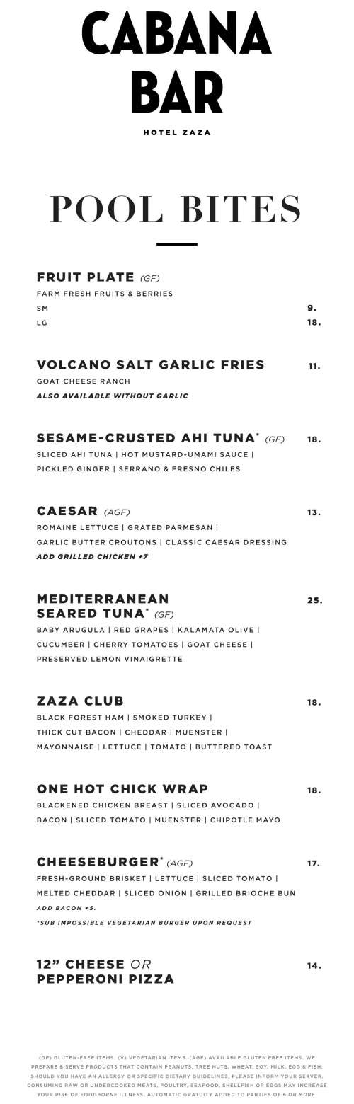Hotel ZaZa Austin menu in Austin, Texas, USA