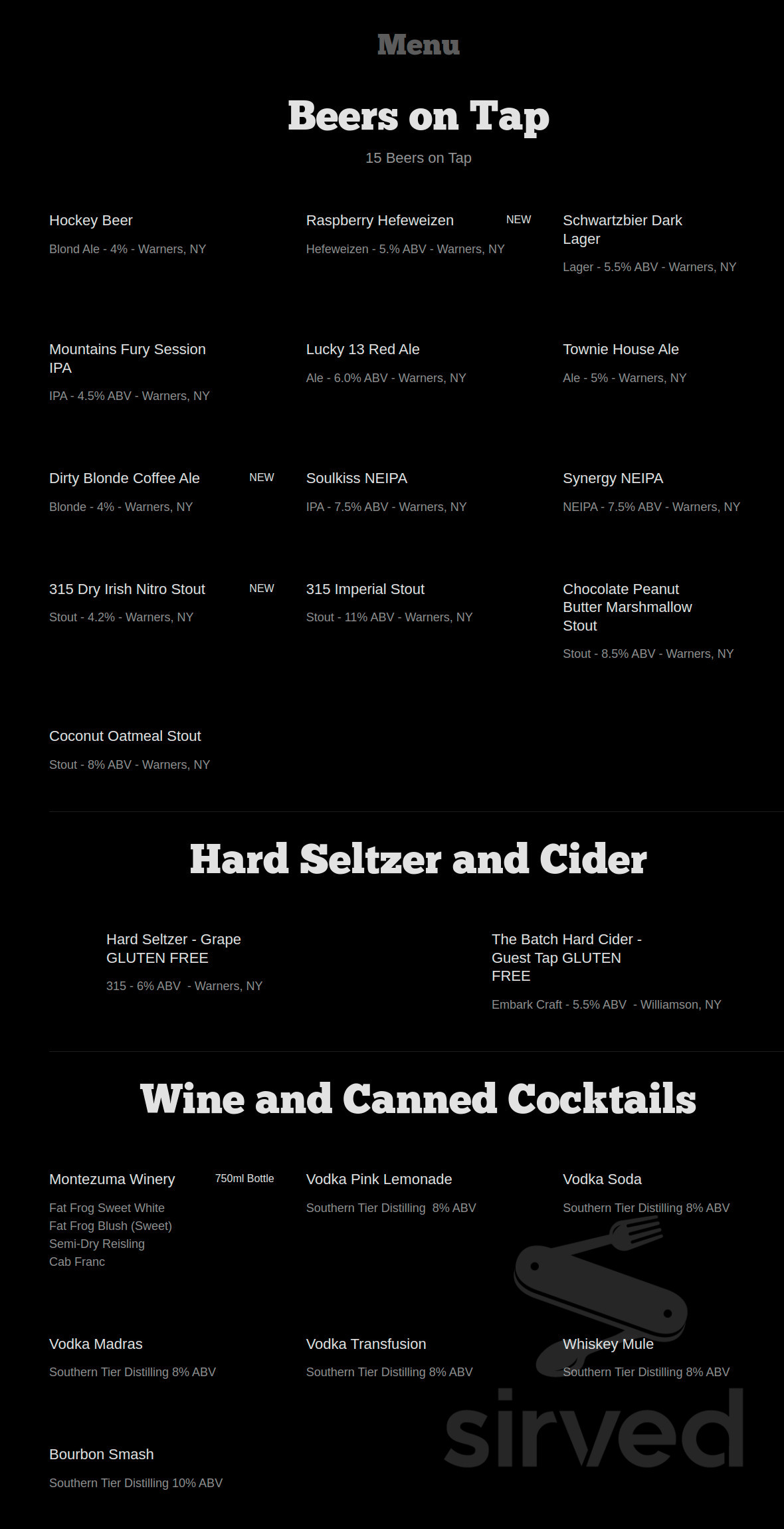 Local 315 Brewing Company menu in Warners, New York, USA