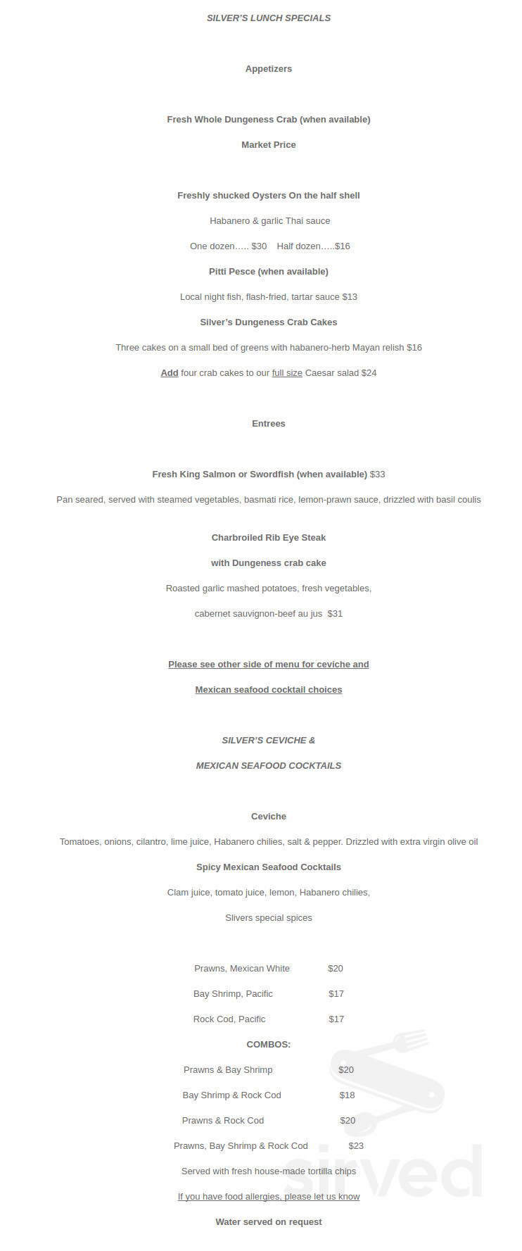 The Wharf menu in Fort Bragg, California, USA