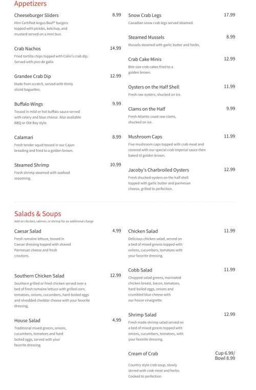 Colin's Seafood & Grill menu in Baltimore, Maryland, USA