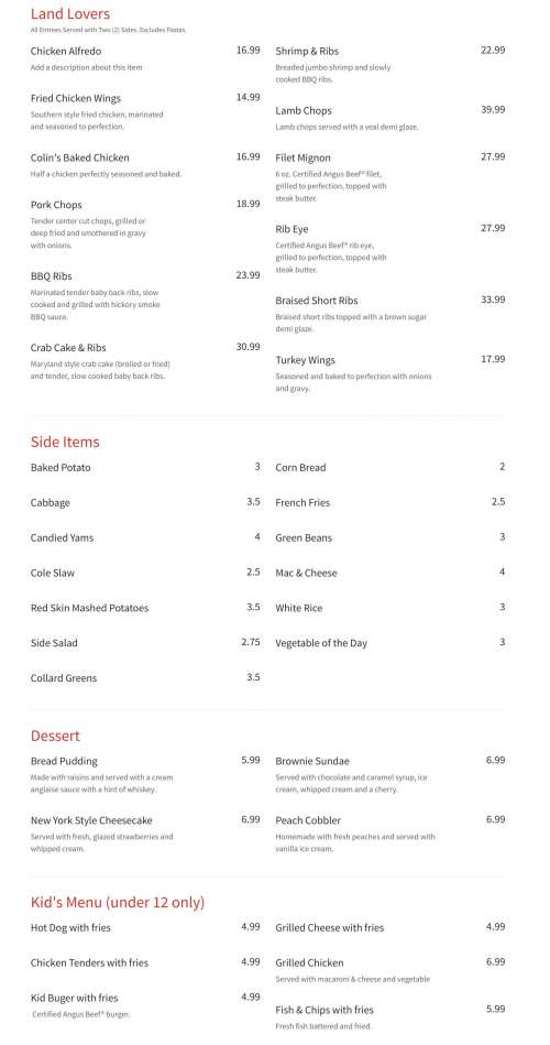 Colin's Seafood & Grill menu in Baltimore, Maryland, USA