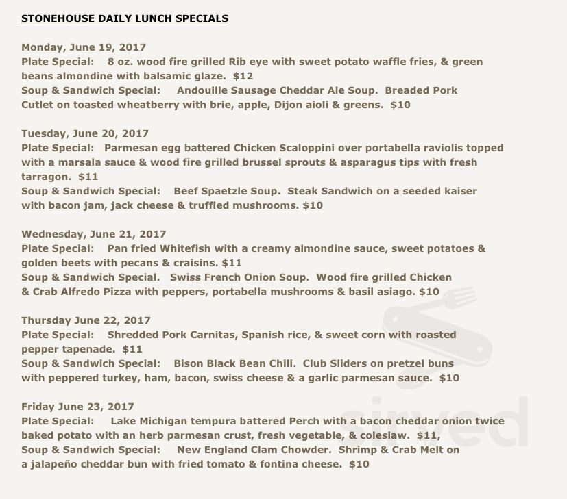 Stonehouse Restaurant & Lounge menu in Escanaba, Michigan, USA