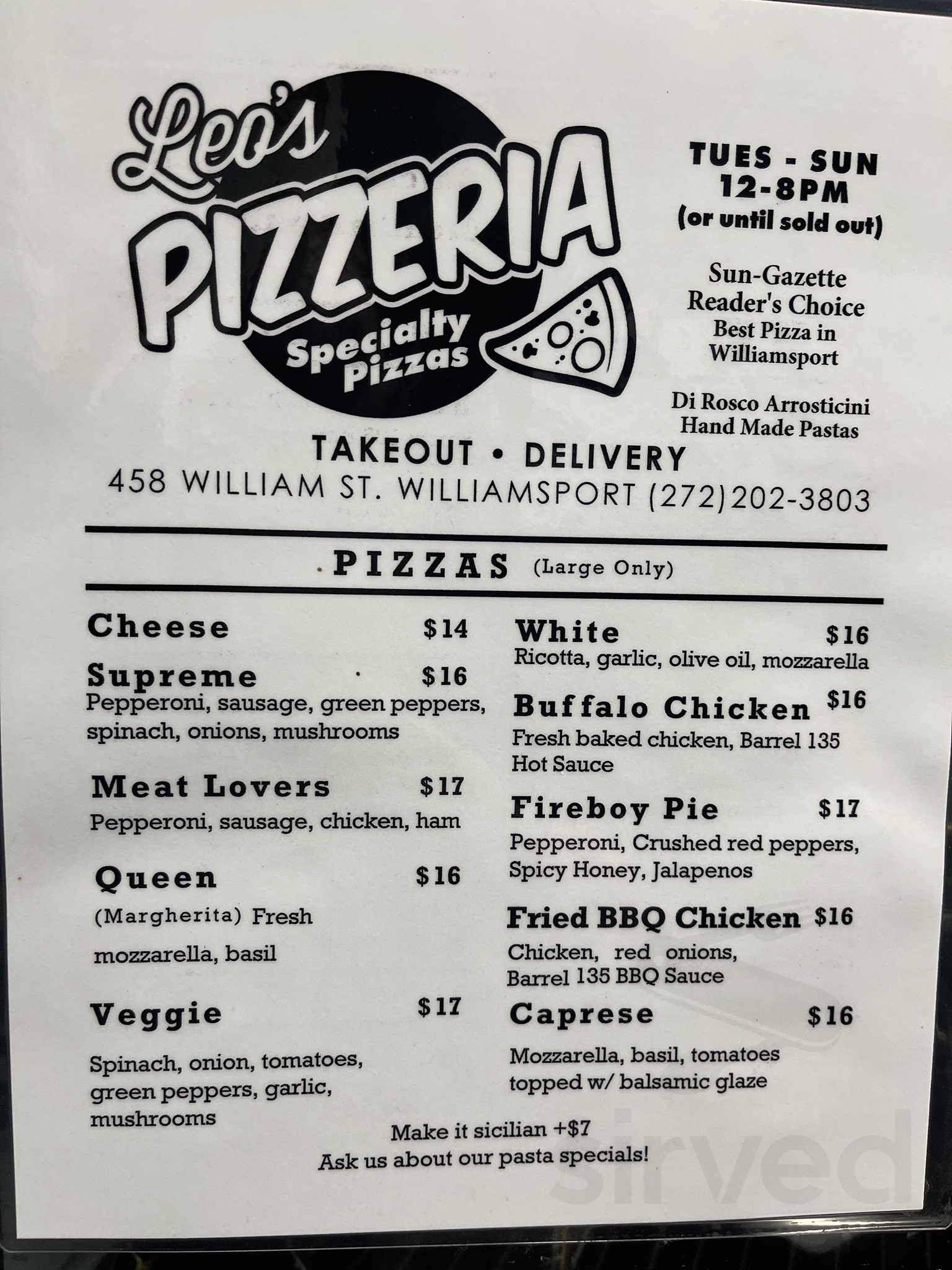 Menu for Leo's Pizzeria in Williamsport, PA | Sirved