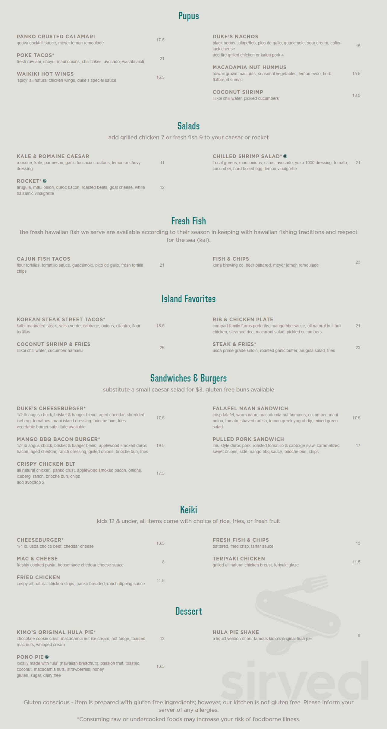 Duke's Waikiki menu in Honolulu, Hawaii, USA