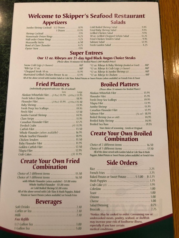 Skipper's Seafood Restaurant menu in Thomasville, North Carolina, USA