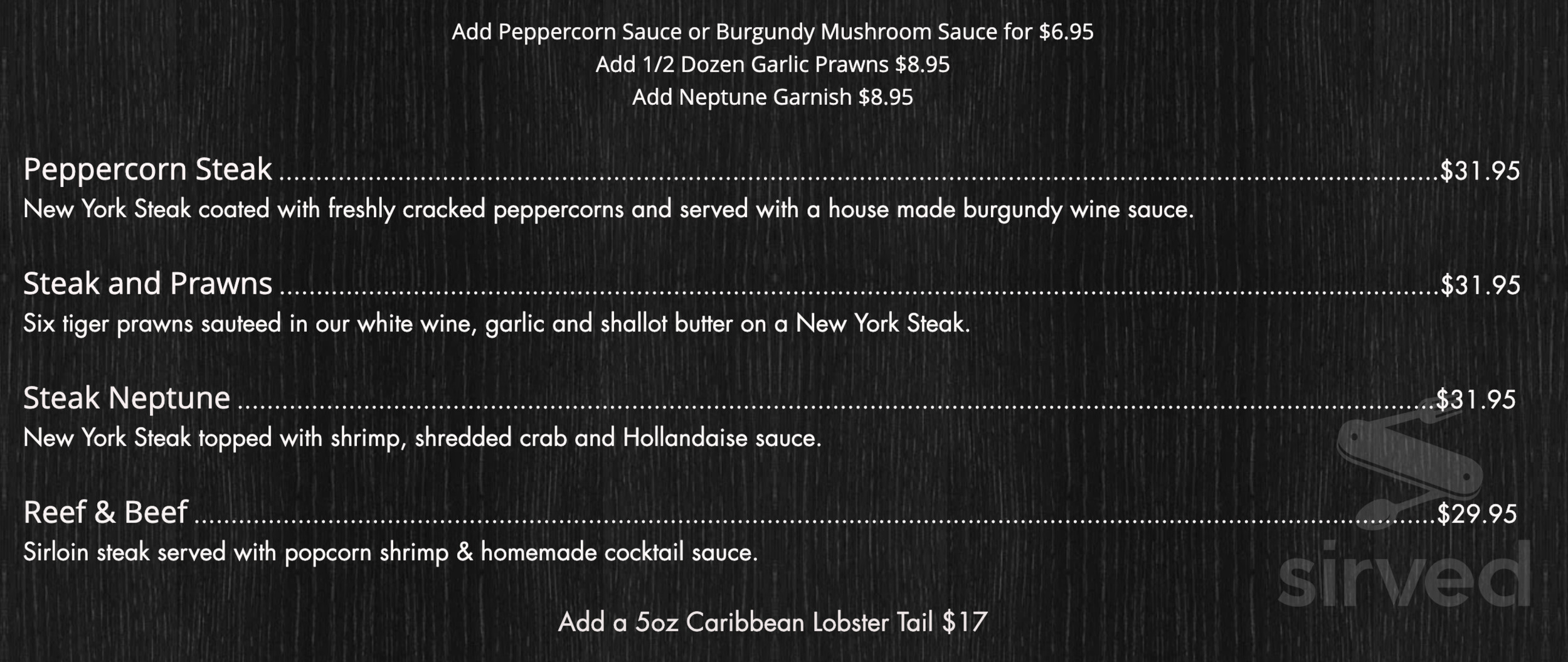 Menu - Trail BC's Benedict's Steakhouse & Tunnel Pub | Sirved