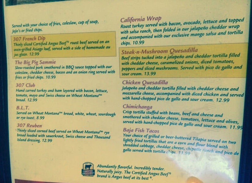 Menu - Columbus MT's 307 Bar & Grill | Sirved