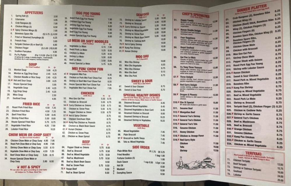 Feng Ye menu in Westfield, Massachusetts, USA