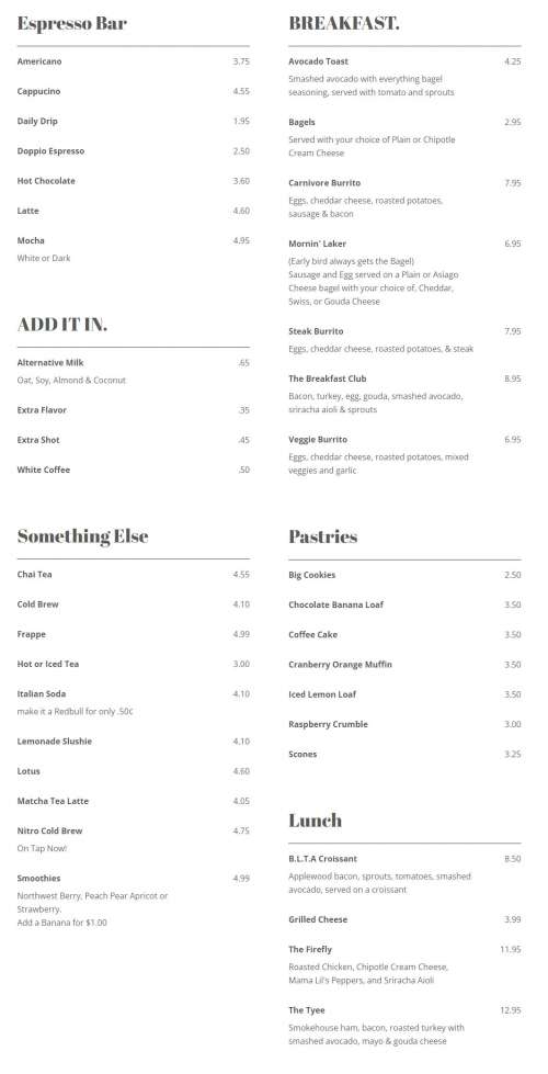Tyee Coffee + Goods - The Lake menu in Coolin, Idaho, USA