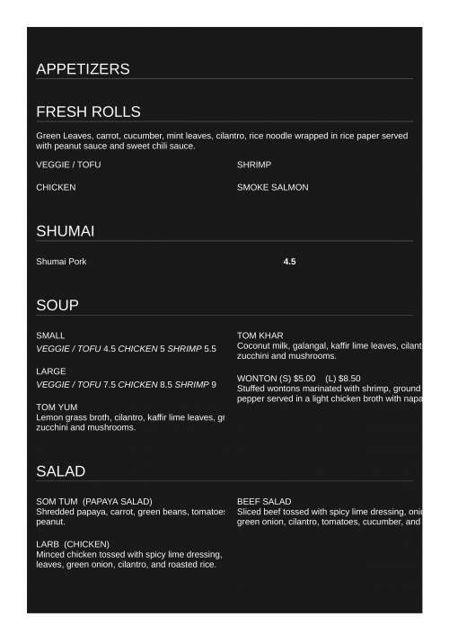 Thai Fresh menu in Chula Vista, California, USA