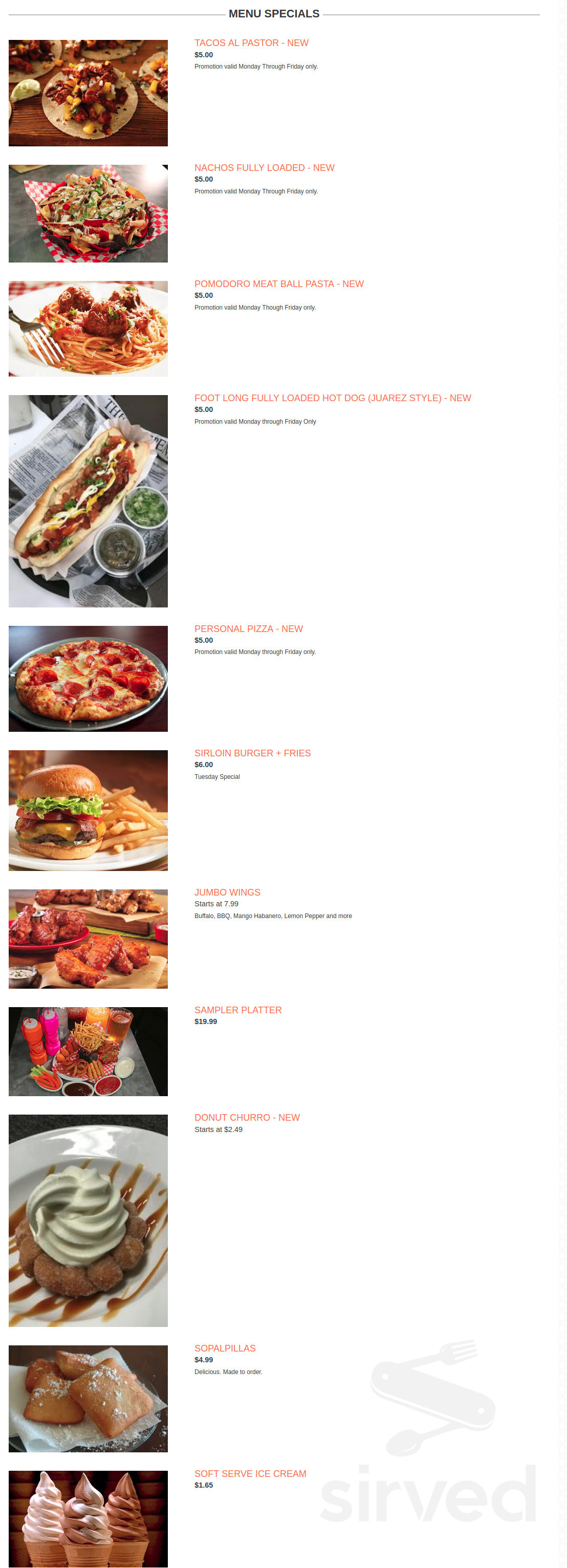 Jungle Jaks menu in El Paso, Texas, USA