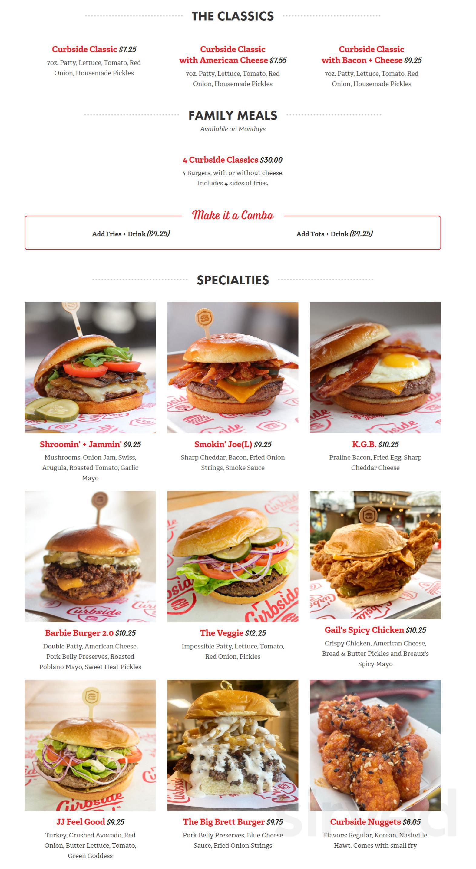 Curbside Burgers menu in Baton Rouge, Louisiana, USA
