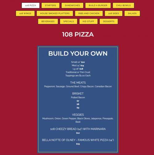 Route 108 Pizza & BBQ menu in Sandy Spring, Maryland, USA