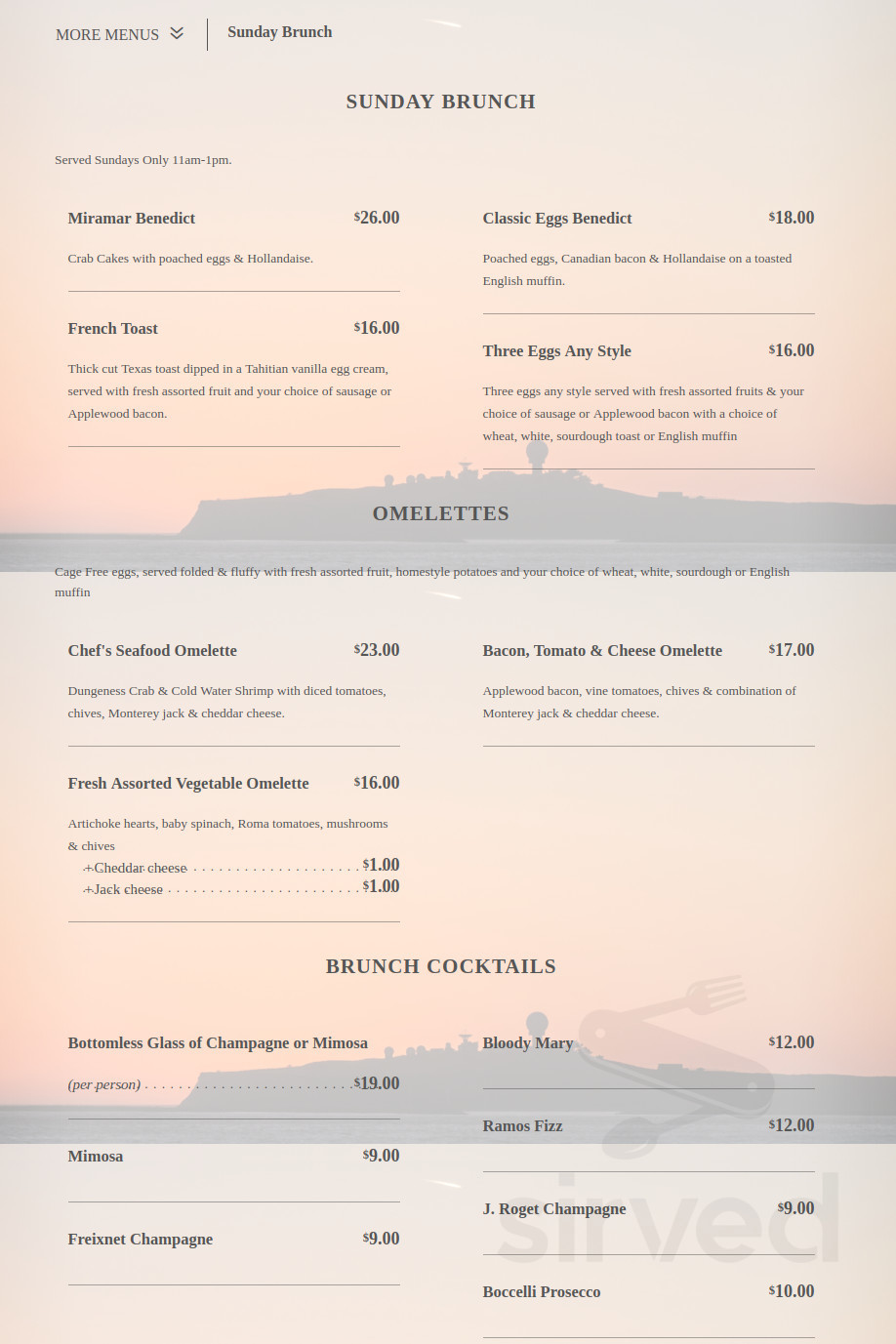 Miramar Beach Restaurant menu in Half Moon Bay, California, USA